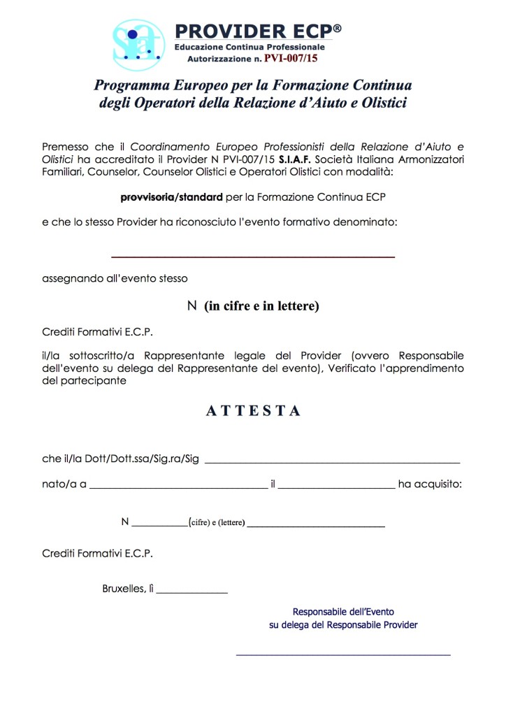 Facsimile attestato - CORSI - SIAF Italia